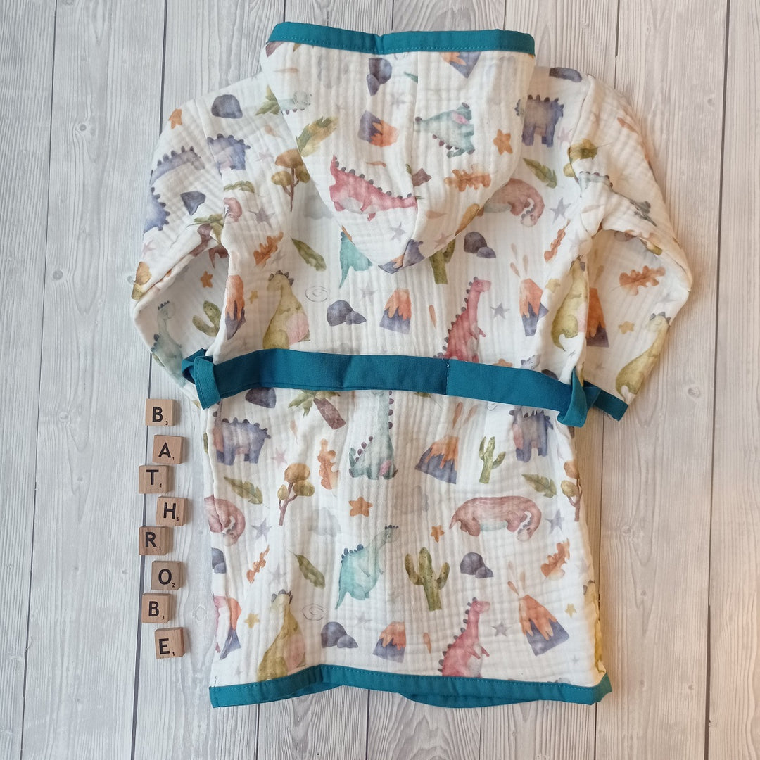 Muslin hooded towelling robe- Dinoland – ninkinankaorganic