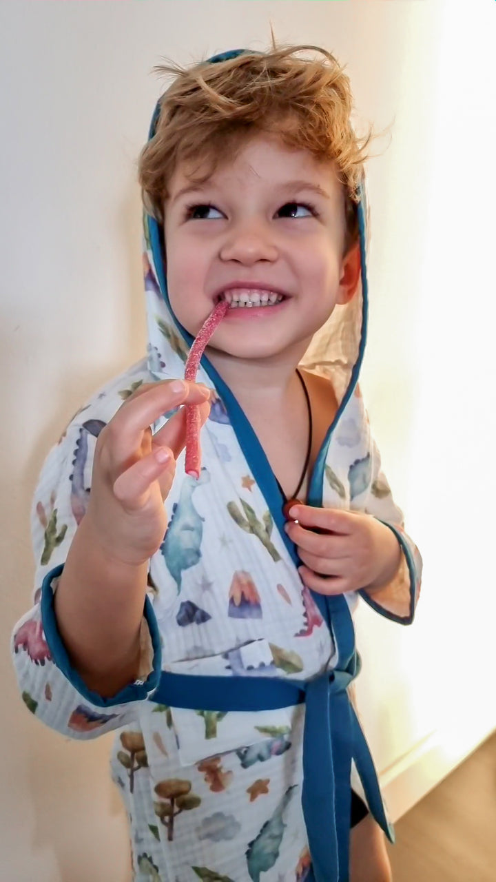 Muslin hooded towelling robe- Dinoland – ninkinankaorganic